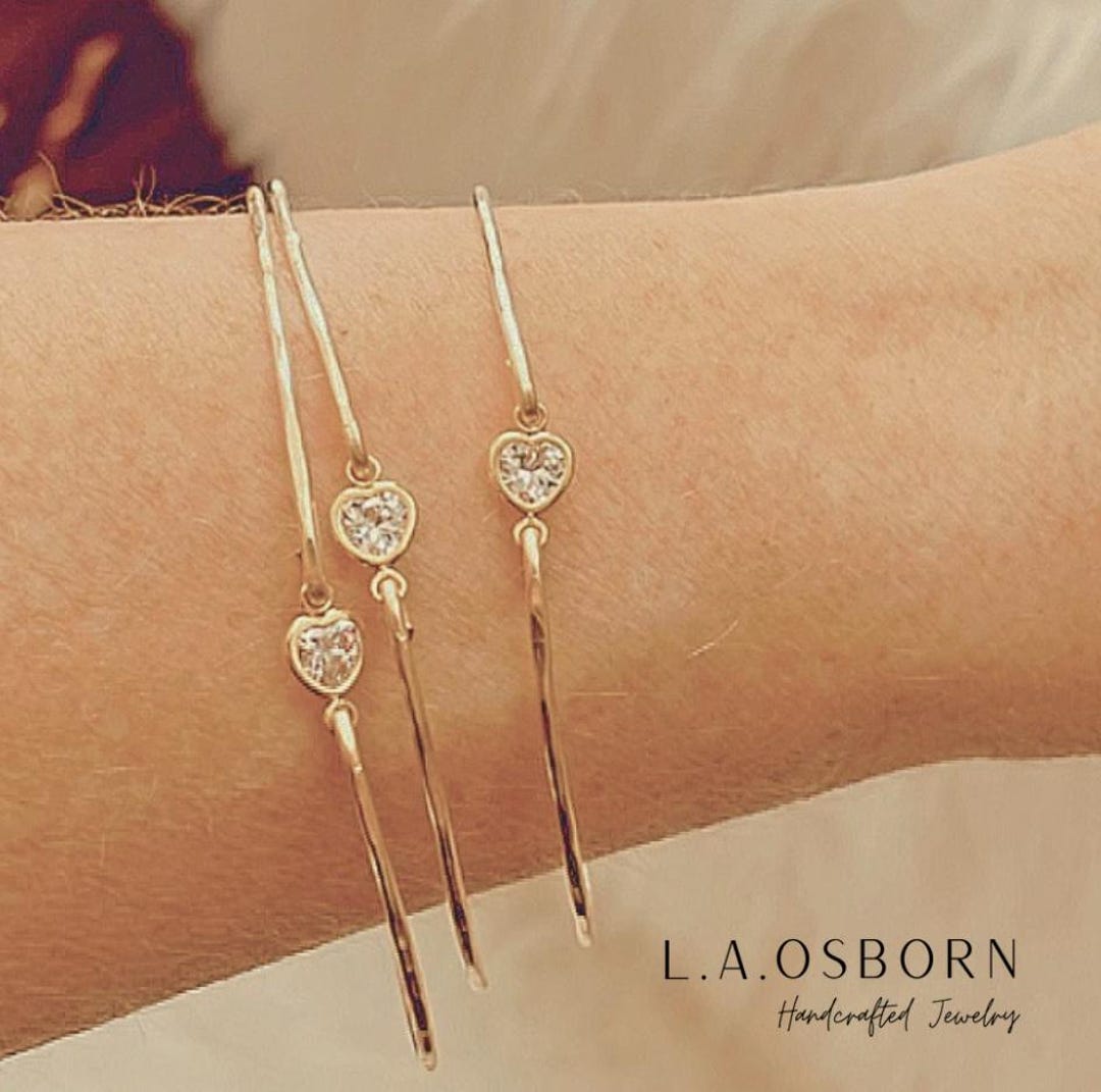 Tiny CZ Heart Bangle, Gold Heart Bangle, Cubic Zirconia, 14K Gold ...