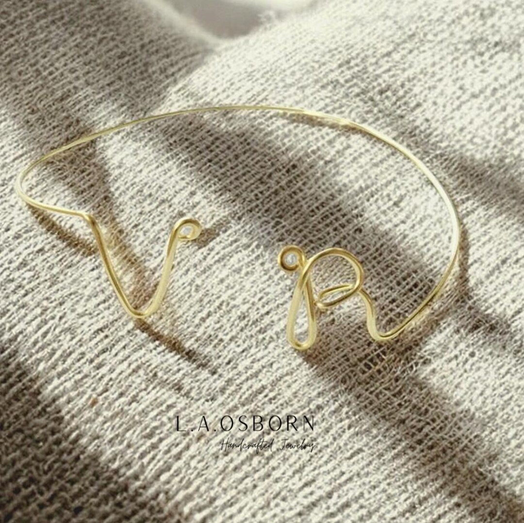 Initial Bangle, Gold Letter Bracelet, Double Initials, Personalized ...
