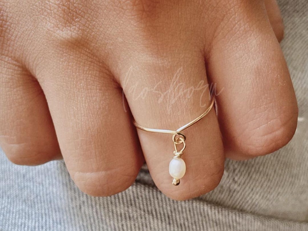 Minimalist Ring With Dangle Pearl, Dainty Pearl Ring, Stackable Rings ...