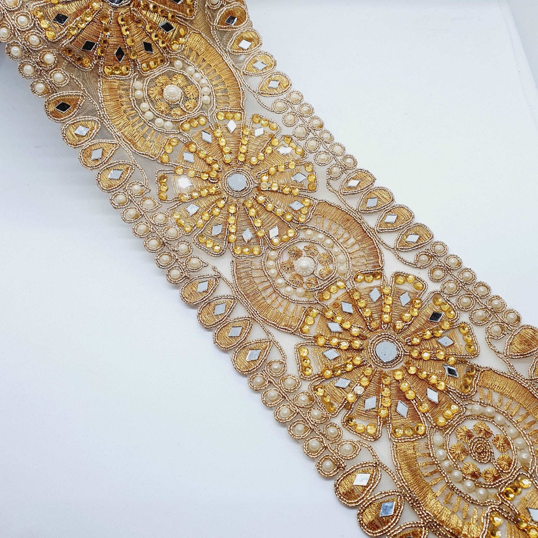 1m 10cm Metallic Deep Gold Flower Lace Applique With Crystals, Mirror ...