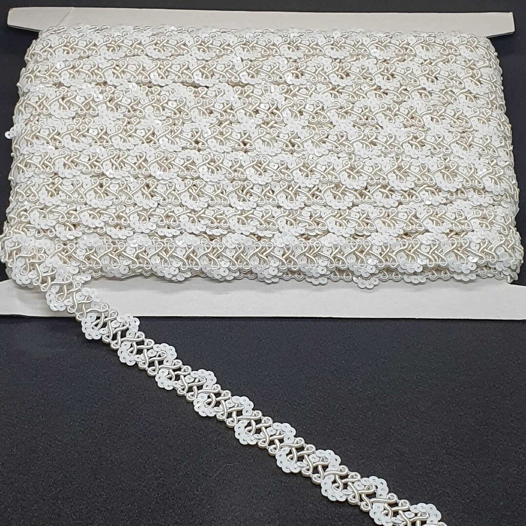 1m Ivory White Sequin Gimp Embroidered Loop Braid 20mm Upholstery and ...