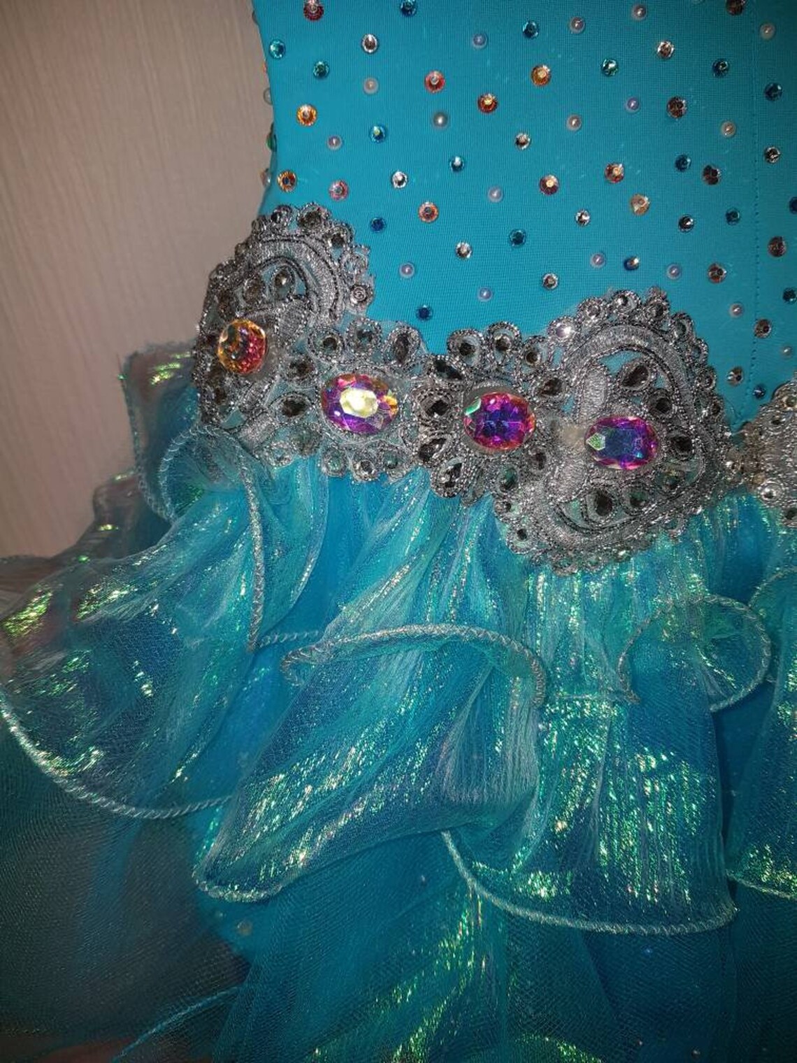 CRYSTAL Stretch Turquoise Silver Lycra Pole DANCE Lyrical Gymnastic ...