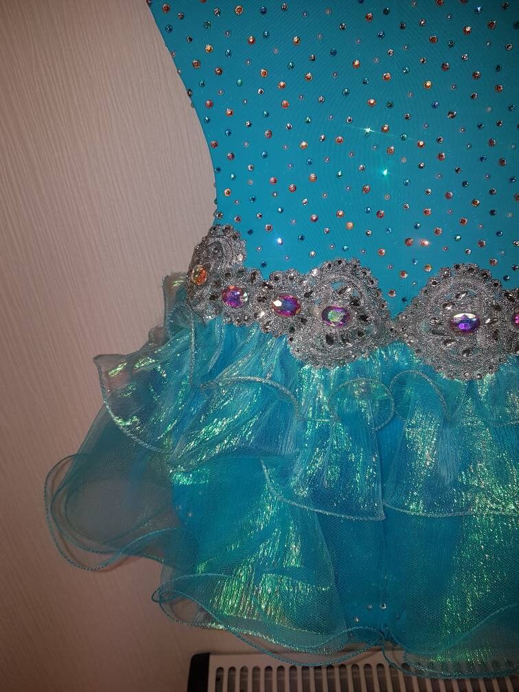 CRYSTAL Stretch Turquoise Silver Lycra Pole DANCE Lyrical Gymnastic ...