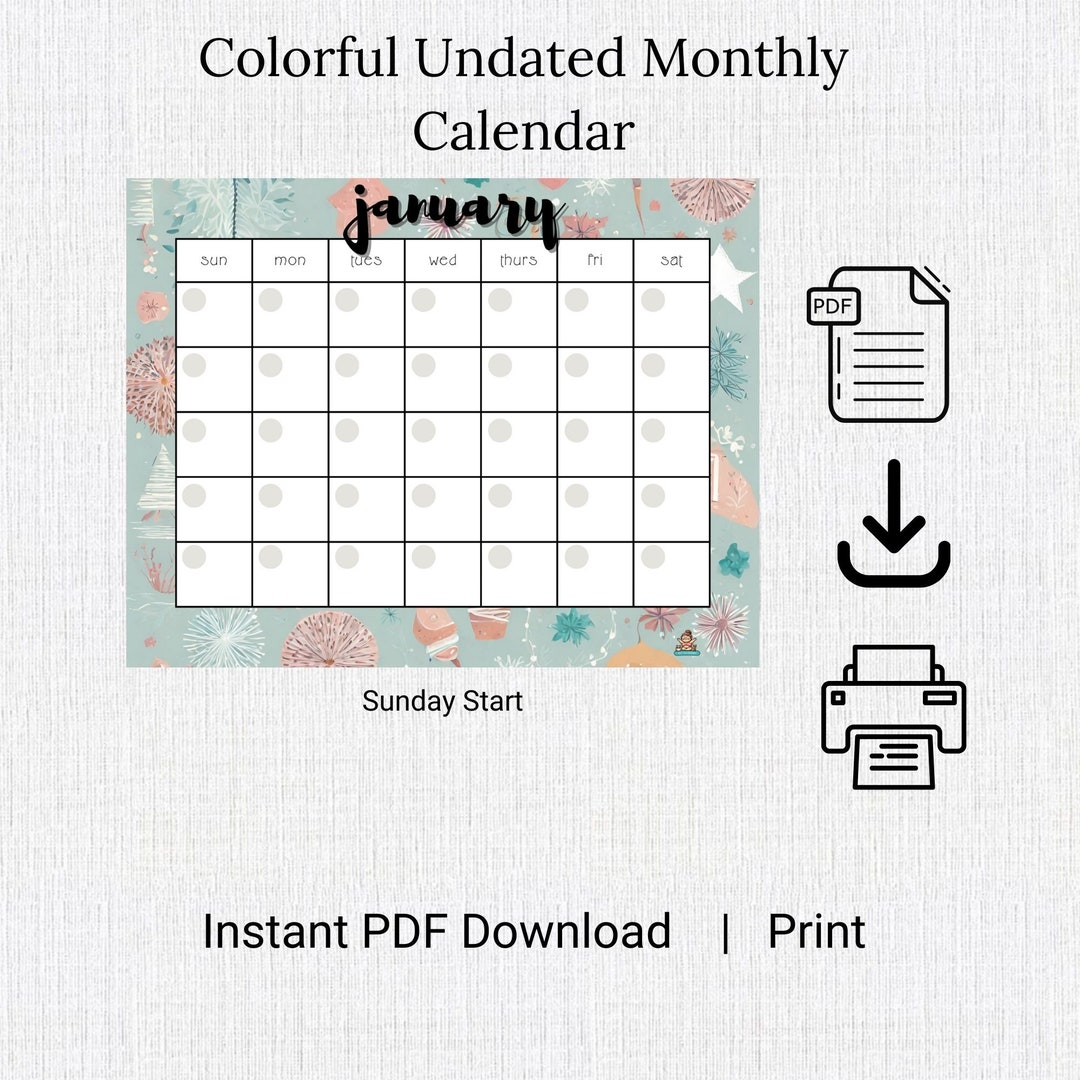 Colorful, Fun, Undated Monthly Calendar, Instant Download, Printable ...