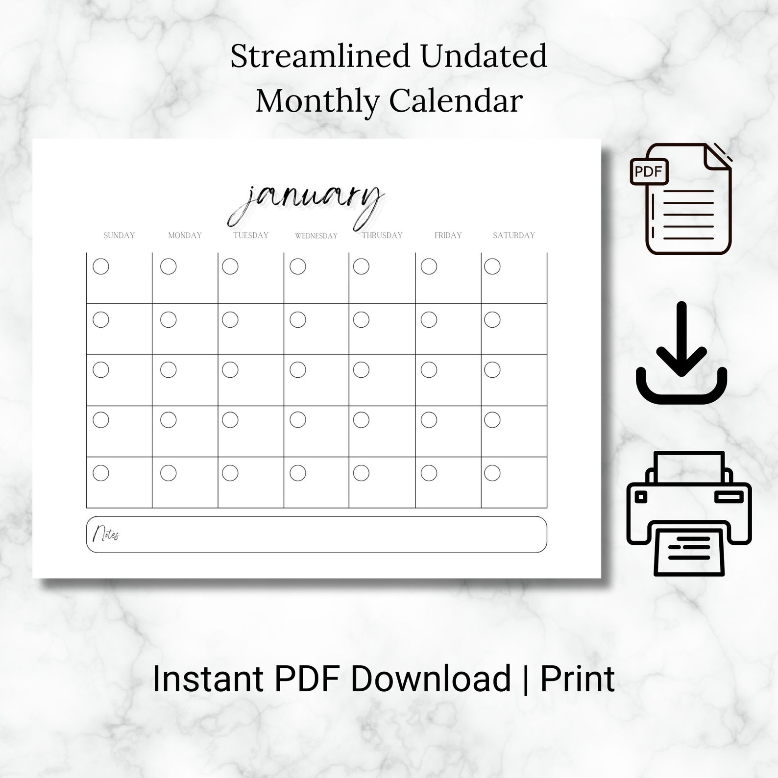 Streamlined, Undated, Monthly Calendar, Instant Download, Printable ...