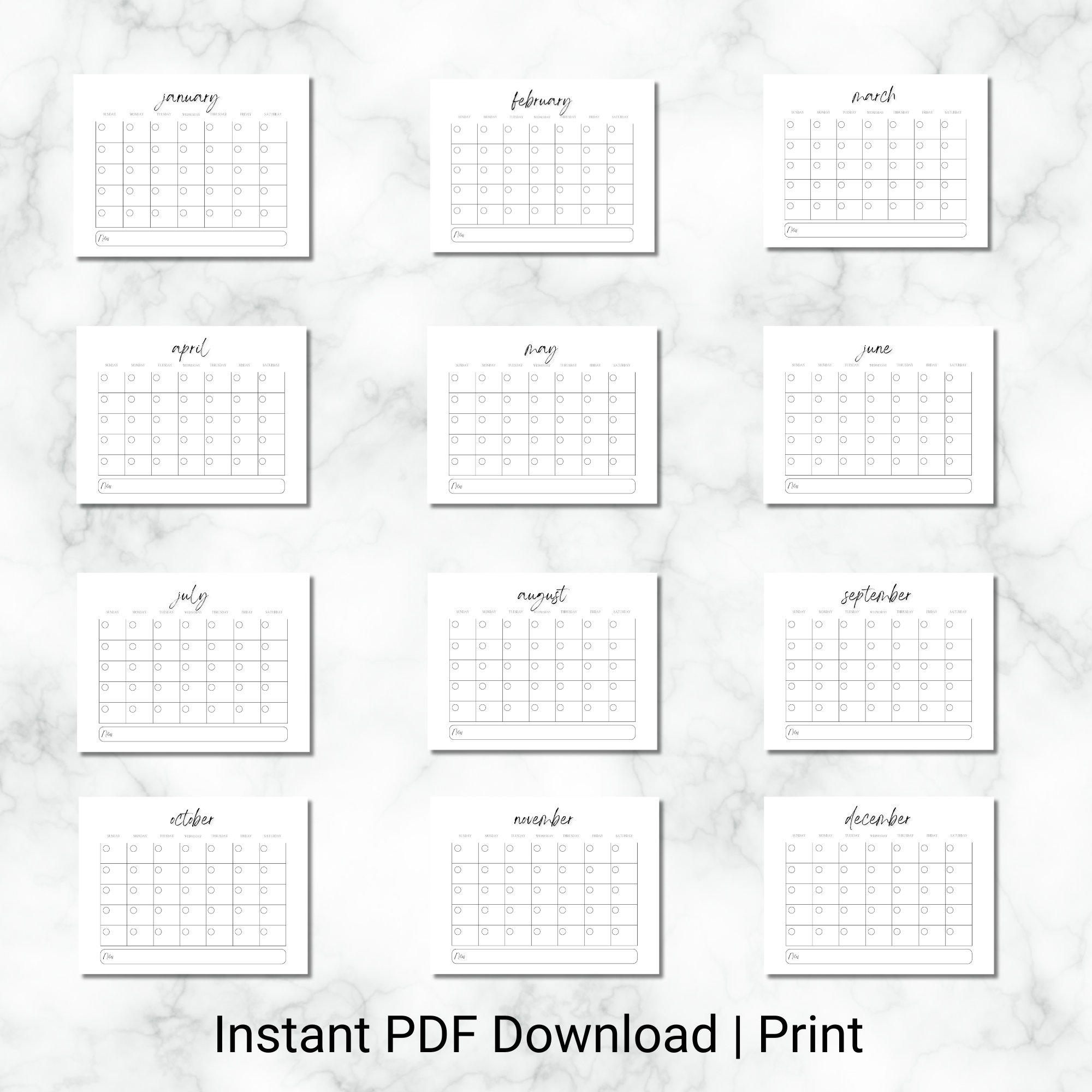 Streamlined, Undated, Monthly Calendar, Instant Download, Printable ...