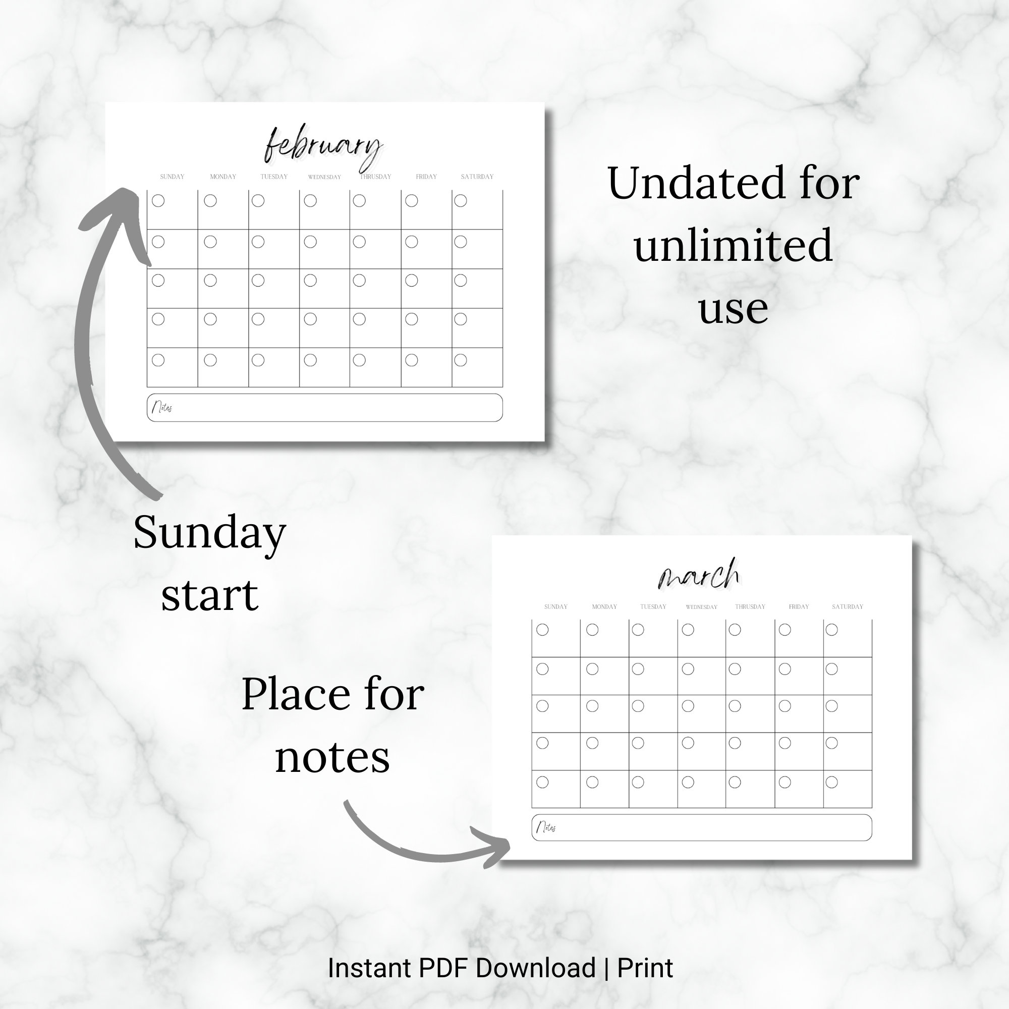 Streamlined, Undated, Monthly Calendar, Instant Download, Printable ...