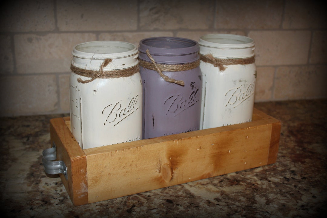 Distressed Painted Mason Ball Jar Center Piece Wood Tray - Etsy
