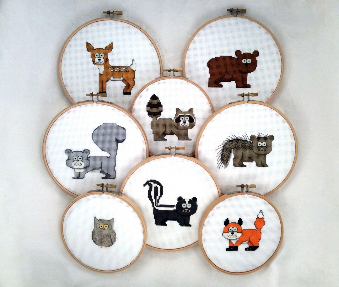 Forest Friends Cross Stitch Pattern Bundle, Bear, Squirrel, Skunk, Owl ...