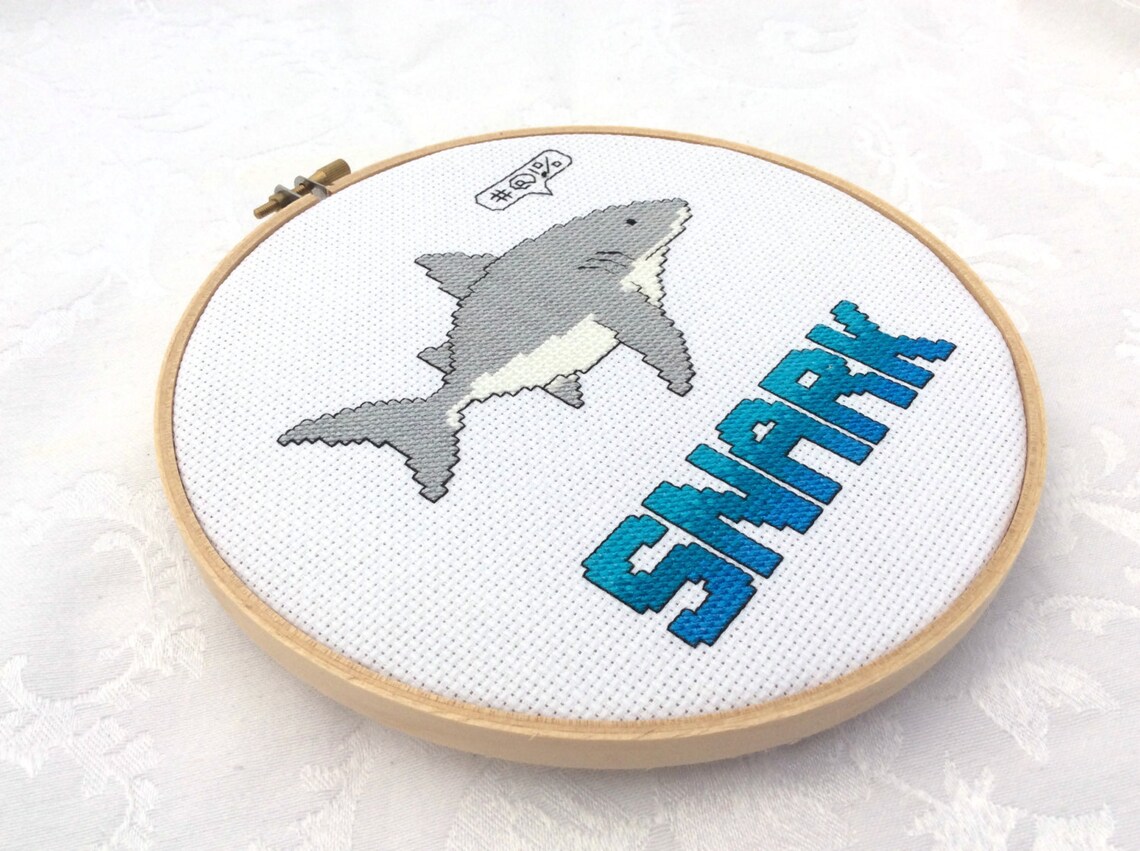 Snarky Cross Stitch Finished Piece Embroidery Handmade Shark | Etsy