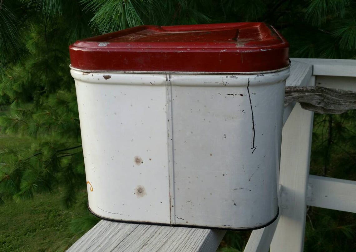 Metal Bread Box With Red Lid & Red Fruit Motif on Front / - Etsy