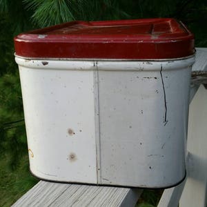 Metal Bread Box With Red Lid & Red Fruit Motif on Front / Vintage ...