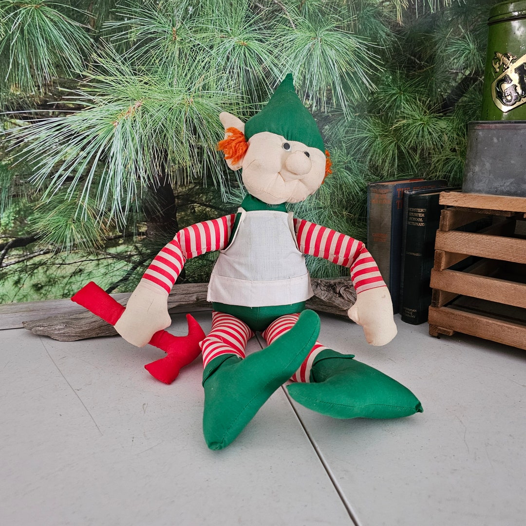 1960s Fabric Christmas Elf Holding A Hammer Red, White & Green Vintage ...