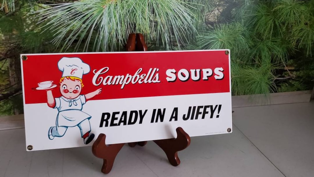 Porcelain CAMPBELL'S SOUP, Ready in A Jiffy! Ande Rooney Sign Vintage ...