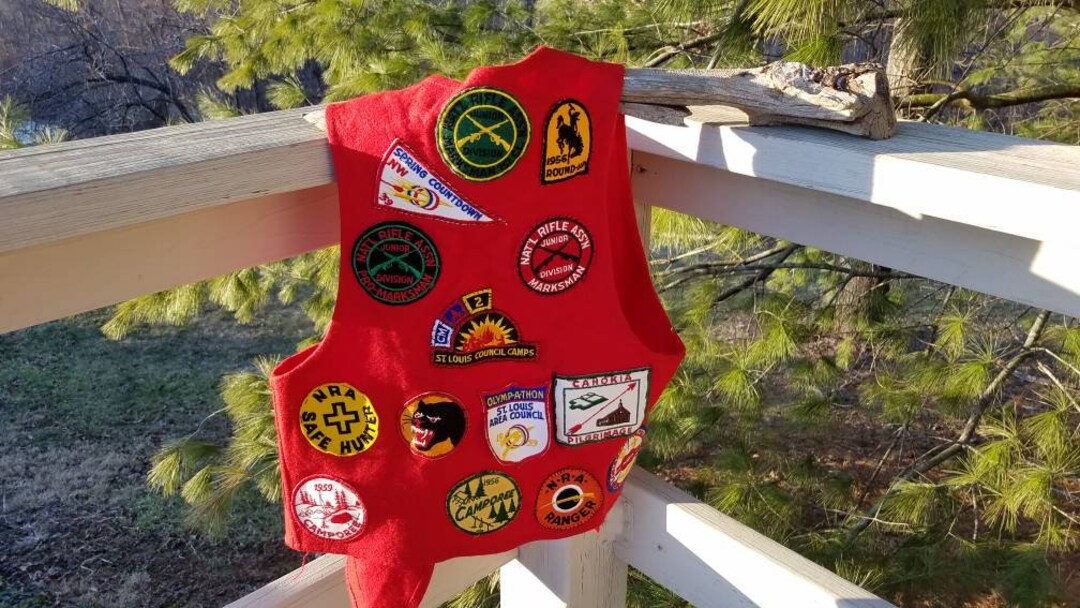 Red Girl Scout Badge Vest With 14 Activity Merit Badges From the 1950's ...
