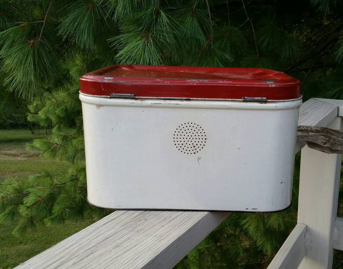 Metal Bread Box With Red Lid & Red Fruit Motif on Front / - Etsy