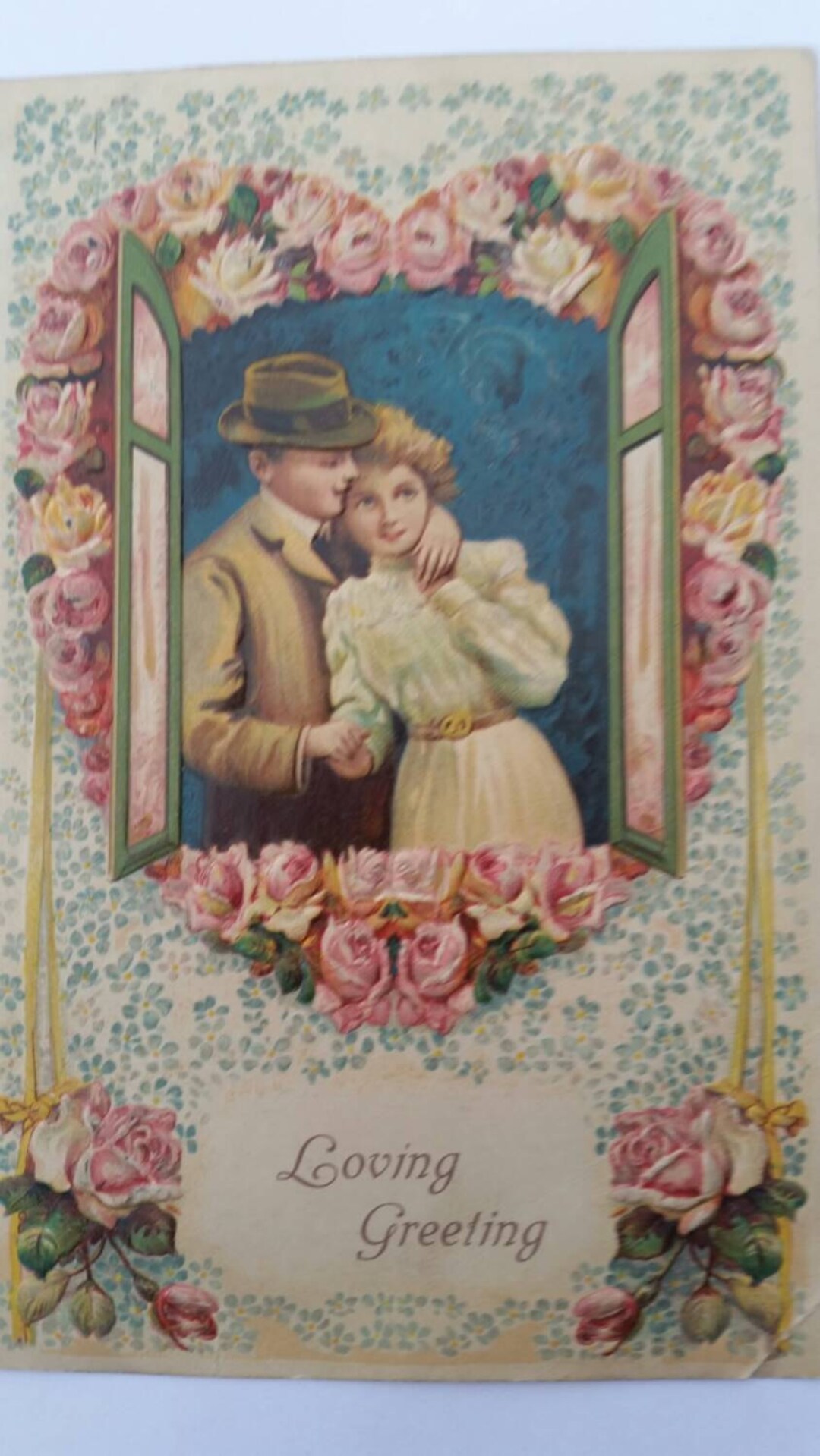 Loving Greetings Young Couple in Window Embossed Postcard - Etsy