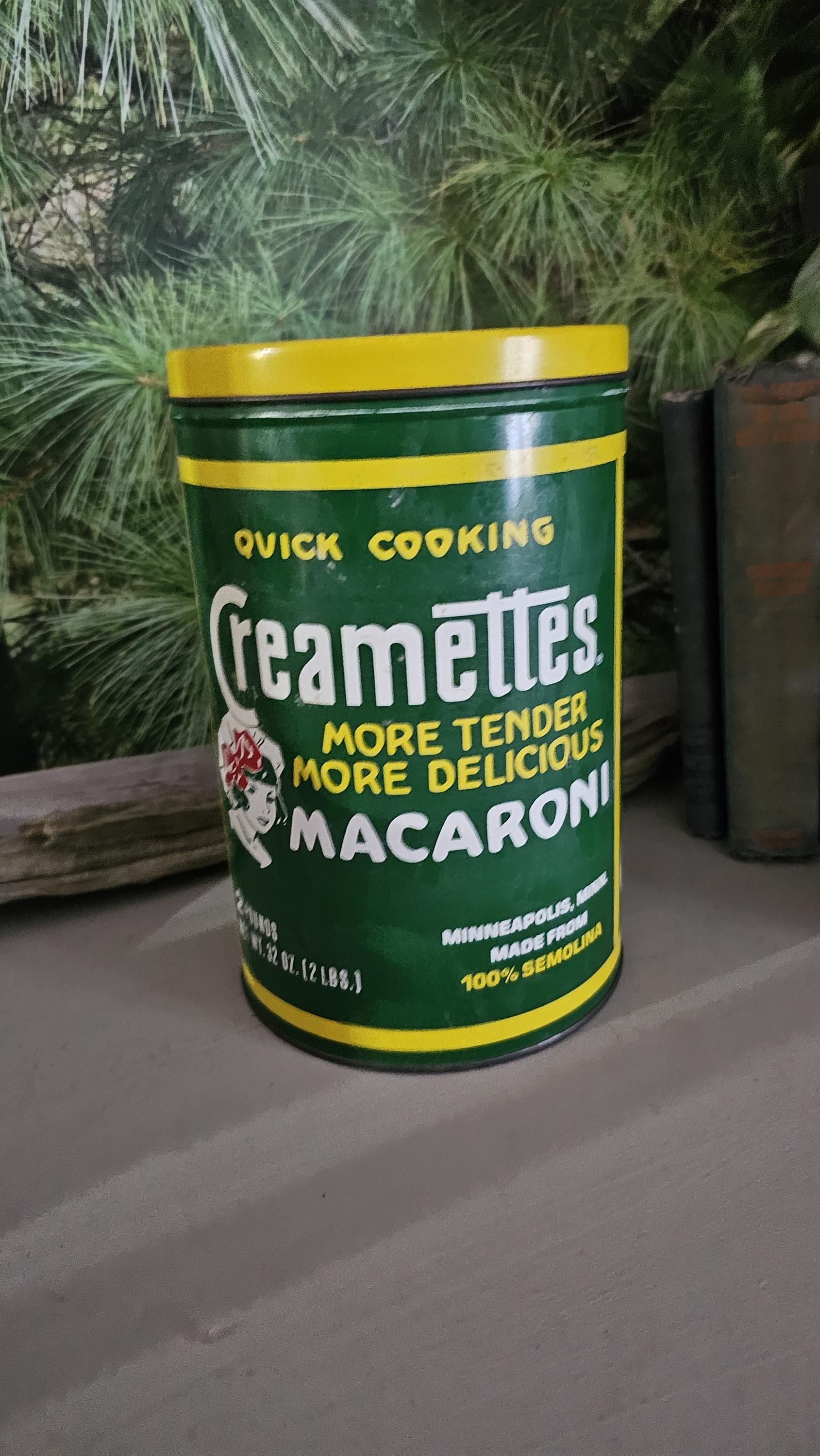 Vintage Creamettes Macaroni 2 LB Tin Green Yellow Nostalgic Collectible ...