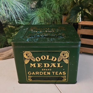 1930s Gold Medal Green 5 Lb Tea Tin Montgomery Ward & Company Vintage ...