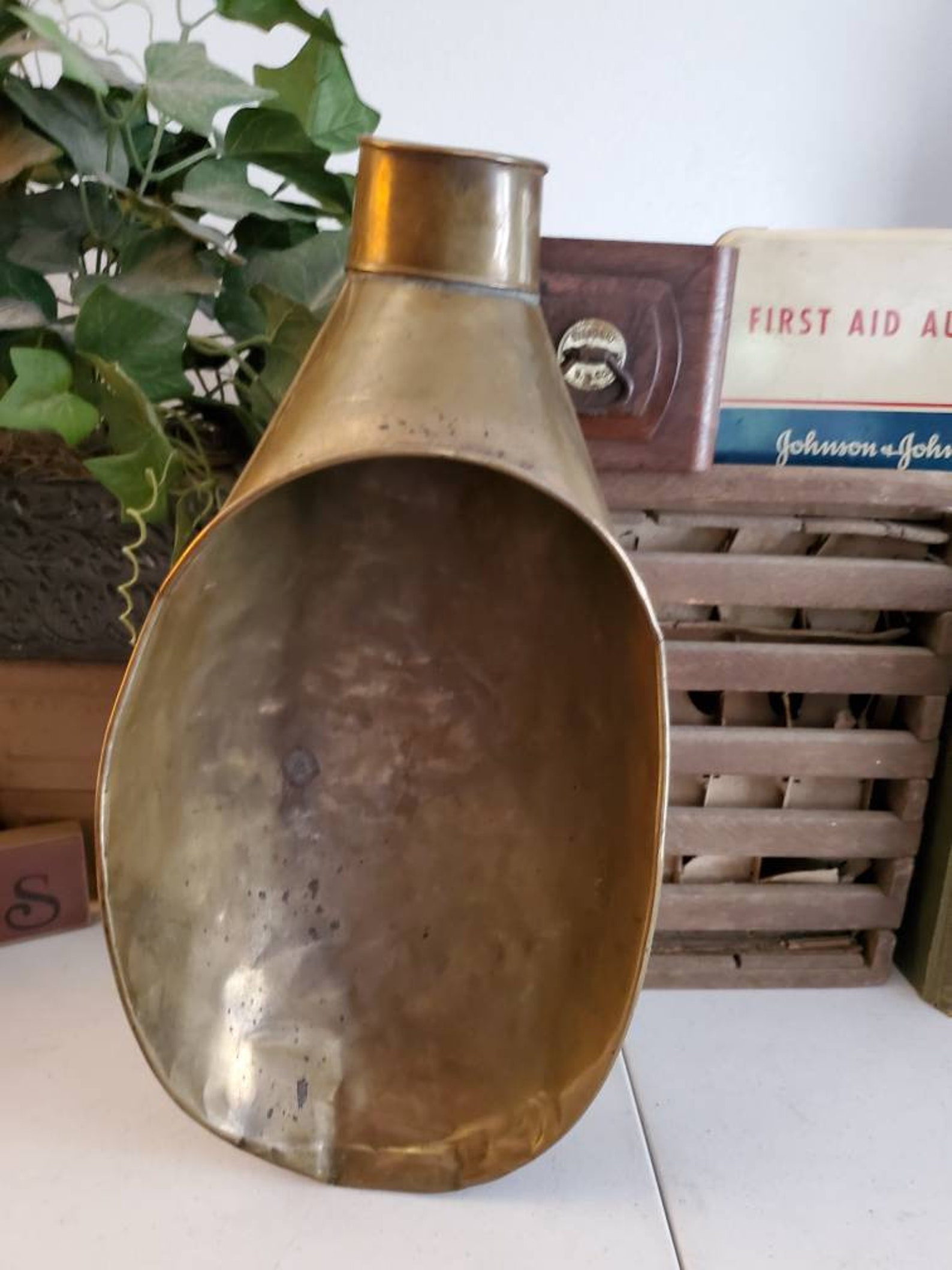 Brass Hanging Scale Pan Distressed Brass Funnel Nail Hopper Scoop Scale ...