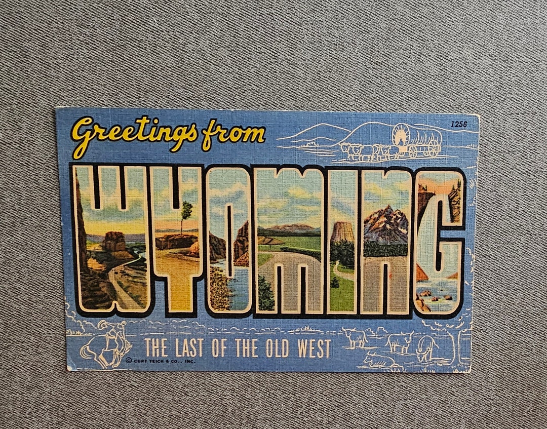 Unused Greetings From WYOMING the Last of the Old West 1940s Linen Postcard Large Letters 3 1/2 ...