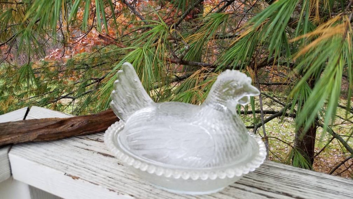 Clear Glass Chicken Hen on Nest by Indiana Glass 3 | Etsy