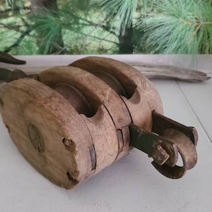 Large Antique Double Pulley Wood & Cast Iron Rustic Farmhouse Decor ...