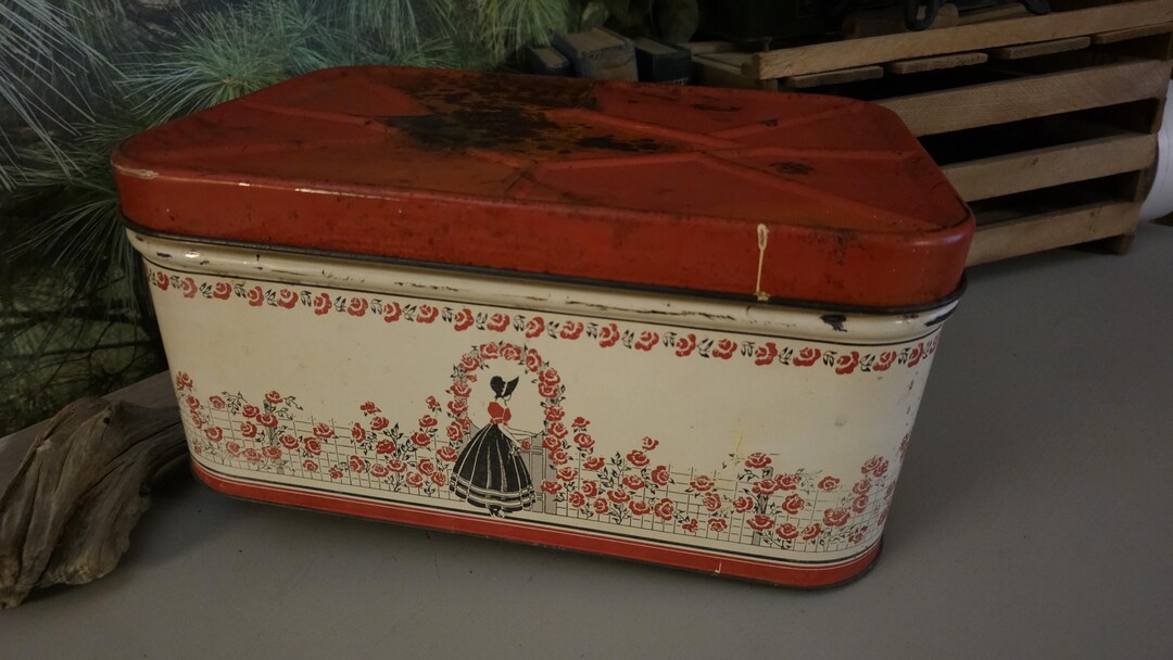 Red, Black & Cream Metal Bread Box Hinged Lid Victorian Lady on the ...