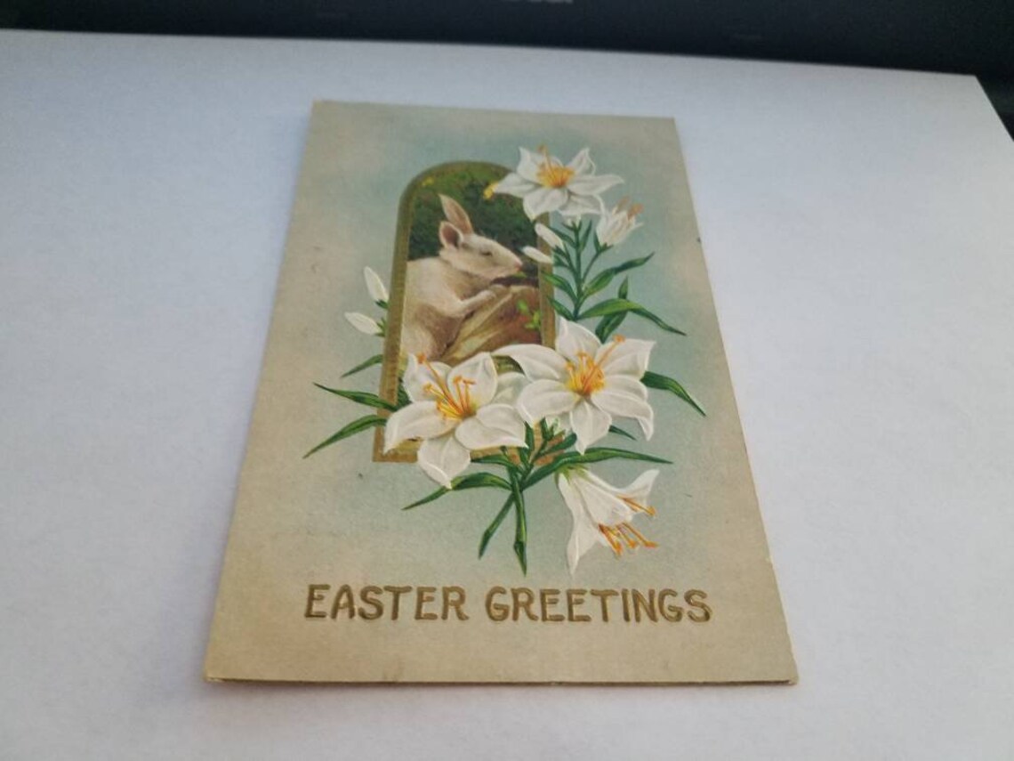 Easter Greetings Postcard White Rabbit & Lilies - Etsy