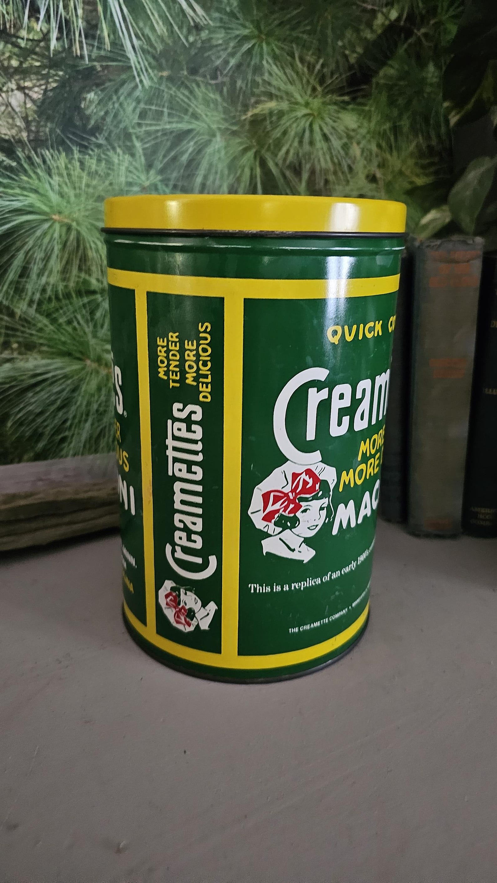 Vintage Creamettes Macaroni 2 LB Tin Green Yellow Nostalgic Collectible ...