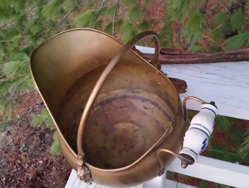 Small Brass Coal Scuttle With Lion Head Accents & Delft Handle | Etsy