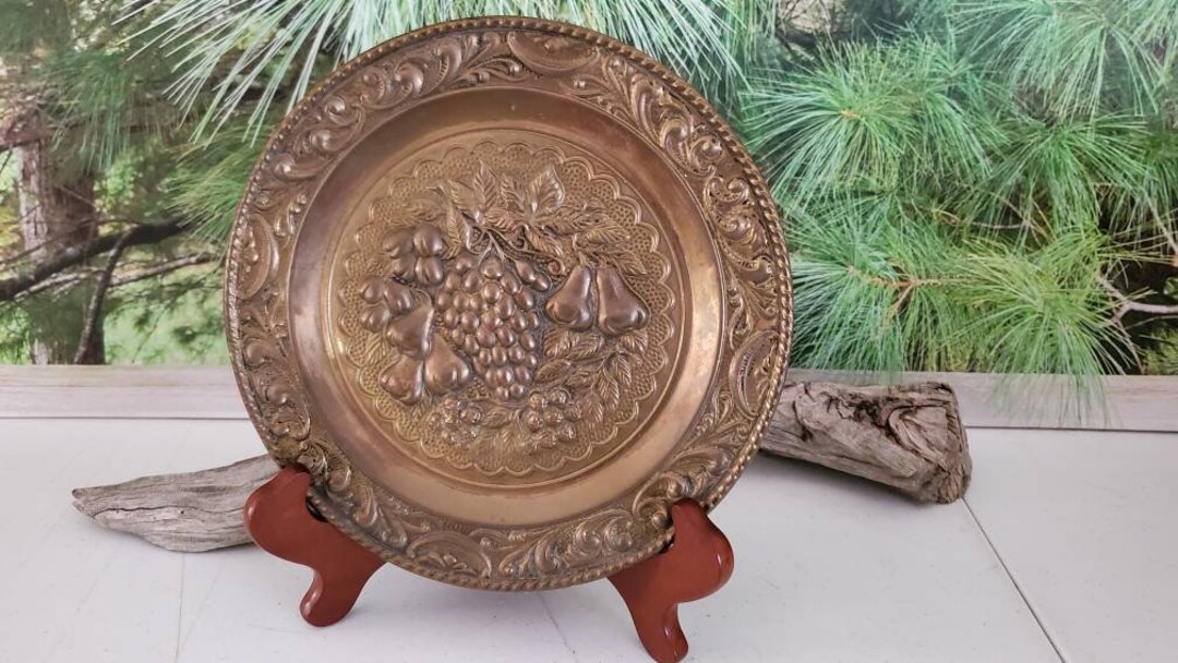 Round Brass Ornate Peerage Wall Plate Embossed Fruit Design Made in ...