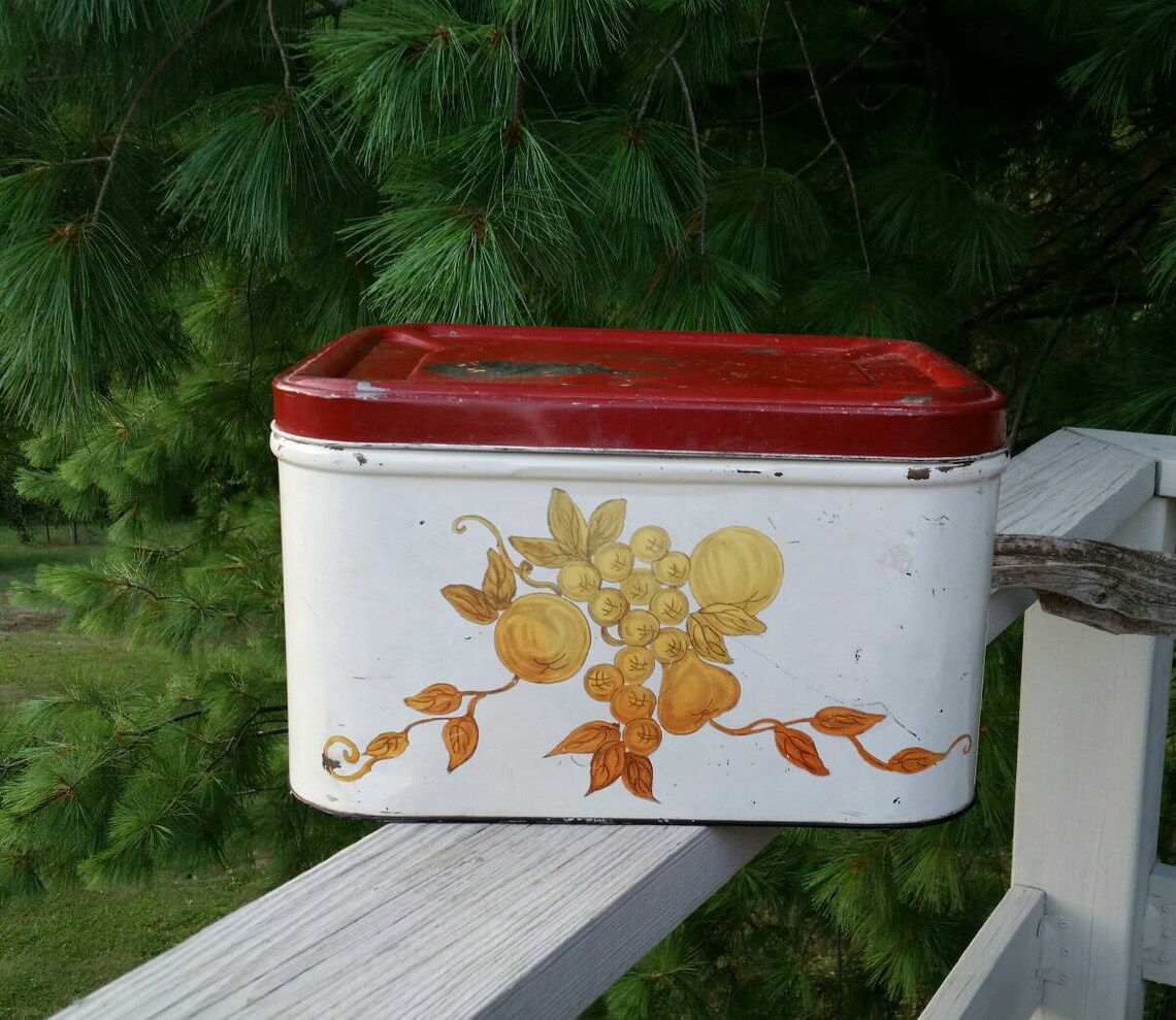 Metal Bread Box With Red Lid & Red Fruit Motif on Front / - Etsy