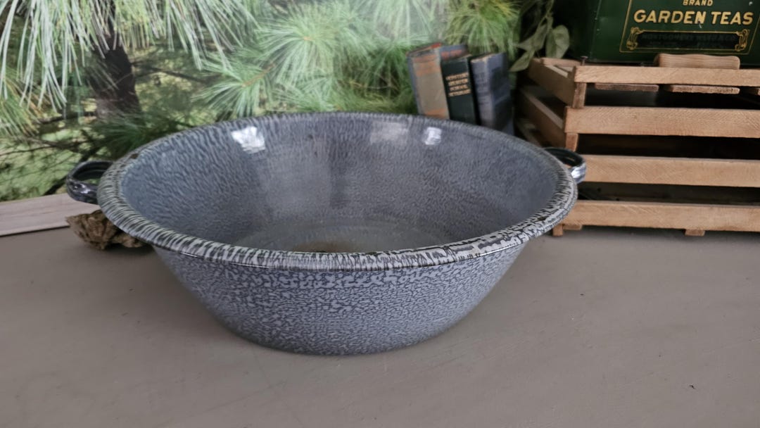 Enamelware Large Gray Round Wash Basin With 2 Handles Vintage Farmhouse ...