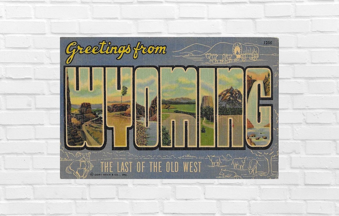 Digital Download Greetings From WYOMING 1940s Linen Postcard Printable Scrapbook Supply Wall Art ...
