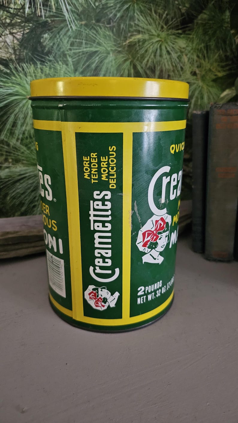 Vintage Creamettes Macaroni 2 LB Tin Green Yellow Nostalgic Collectible ...