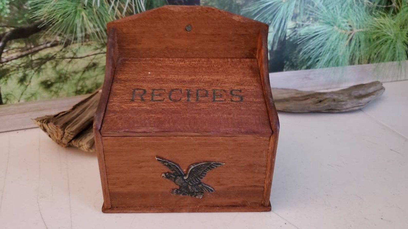 Americana Wood Recipe Box With Copper Eagle on the Front Countertop ...