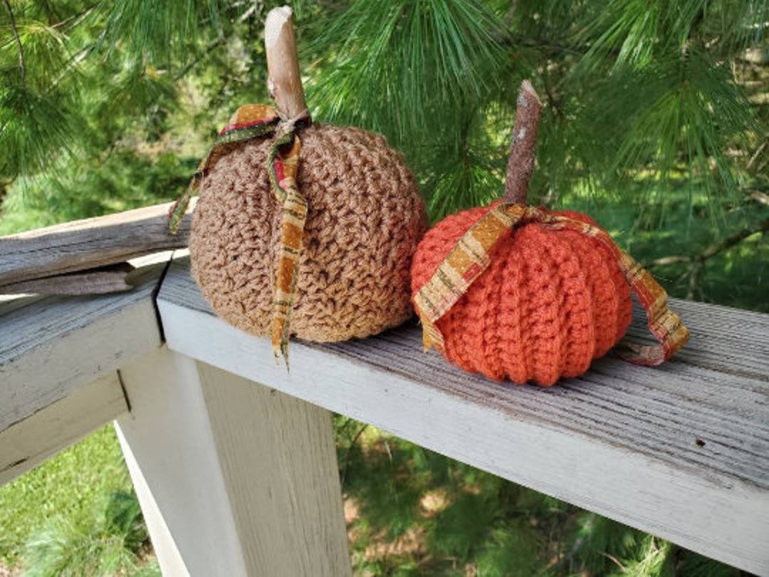2 Crochet Rustic Pumpkins, Orange & Tan Crochet Pumpkins, Fall Home ...
