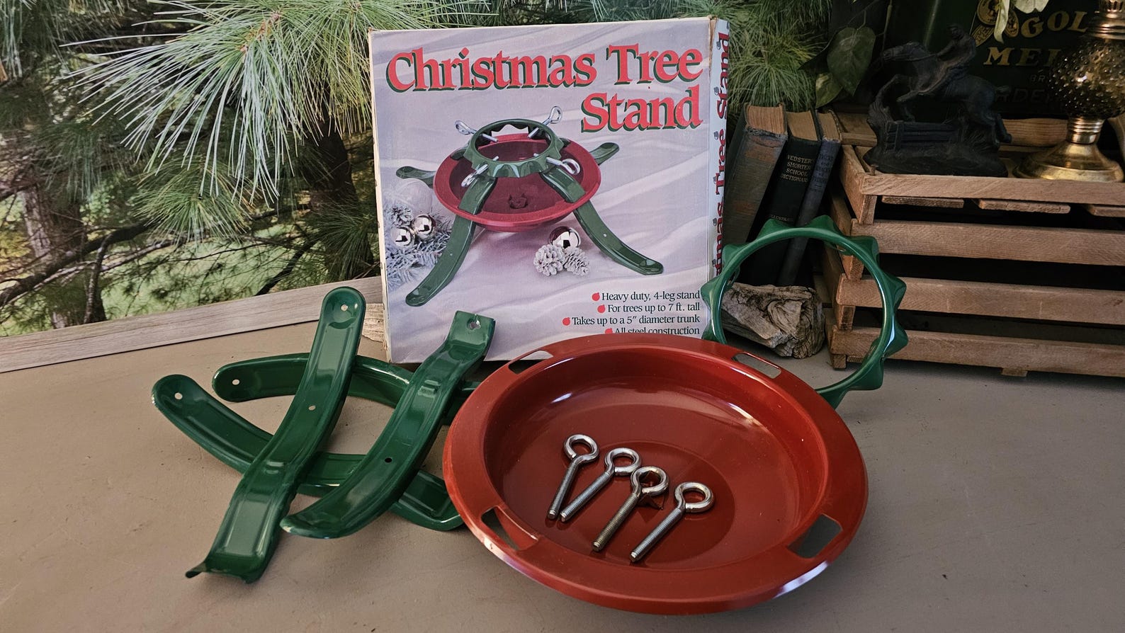 Green Red Steel Real Christmas Tree Stand 4 Legs: Vintage Holiday Tree ...