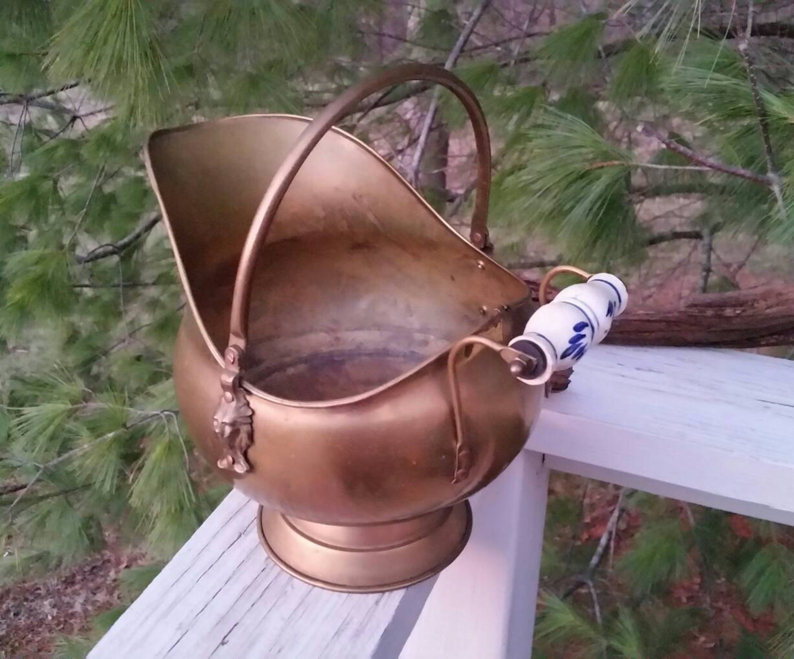 Small Brass Coal Scuttle With Lion Head Accents & Delft Handle | Etsy