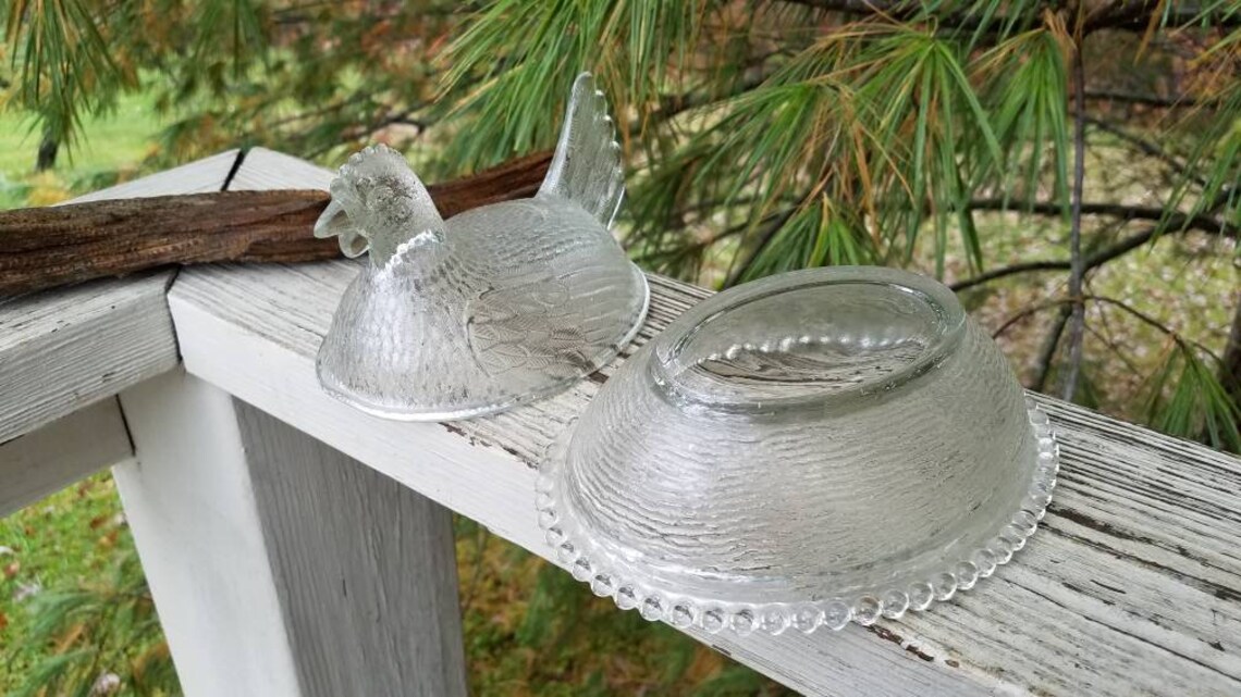 Clear Glass Chicken Hen on Nest by Indiana Glass 3 | Etsy