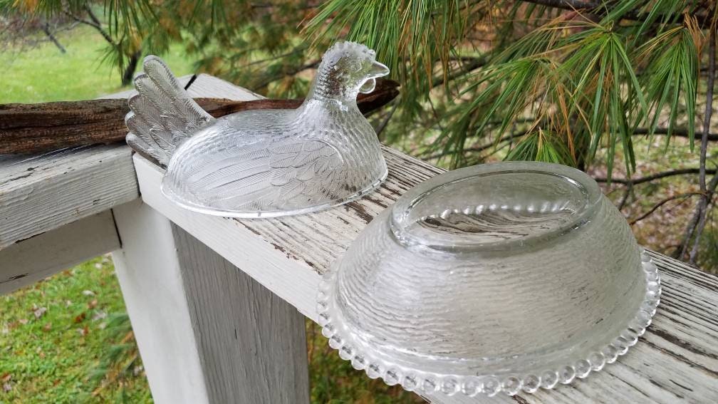 Clear Glass Chicken Hen on Nest by Indiana Glass 3 | Etsy