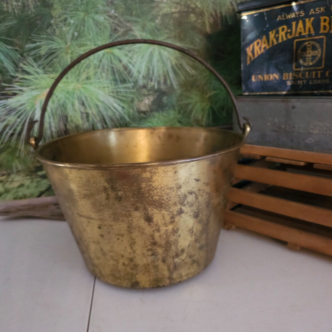 Antique 1851 Spun Solid Brass Bucket With Iron Swing Bail Handle Made ...
