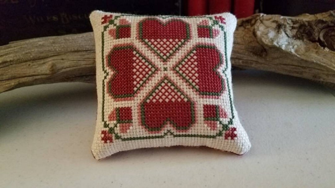 Handmade 4 Red Hearts Completed Cross Stitch Cupboard Tuck Prairie ...