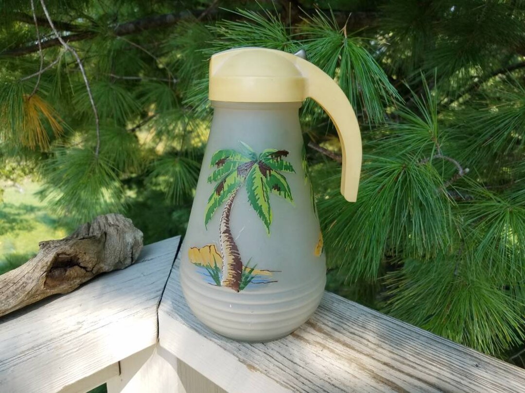 1940s Frosted Glass Pitcher Hazel Atlas Hand Painted Palm Trees for ...
