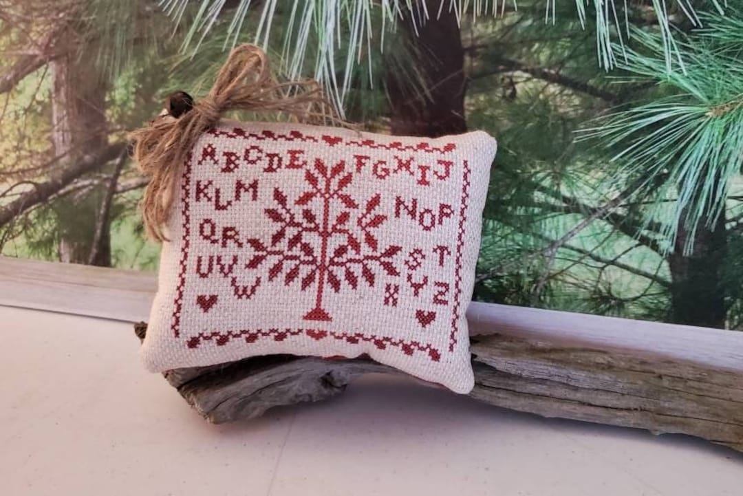 Sampler Redwork Cross Stitch Mini Pillow With Jute Bow, Pin & Rusty Bell Primitive Home Decor ...