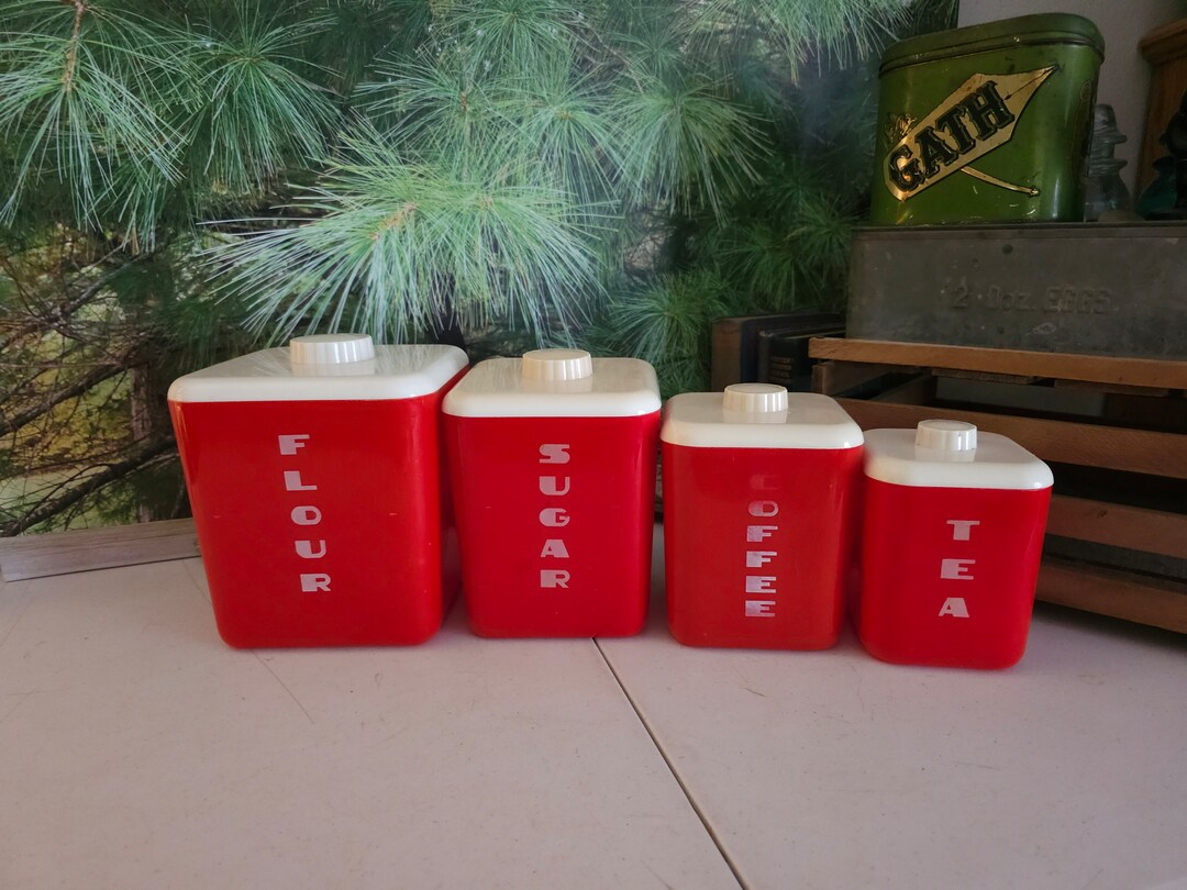 Set of 4 Red & White Hard Plastic Lustro-ware Canisters Flour, Sugar ...