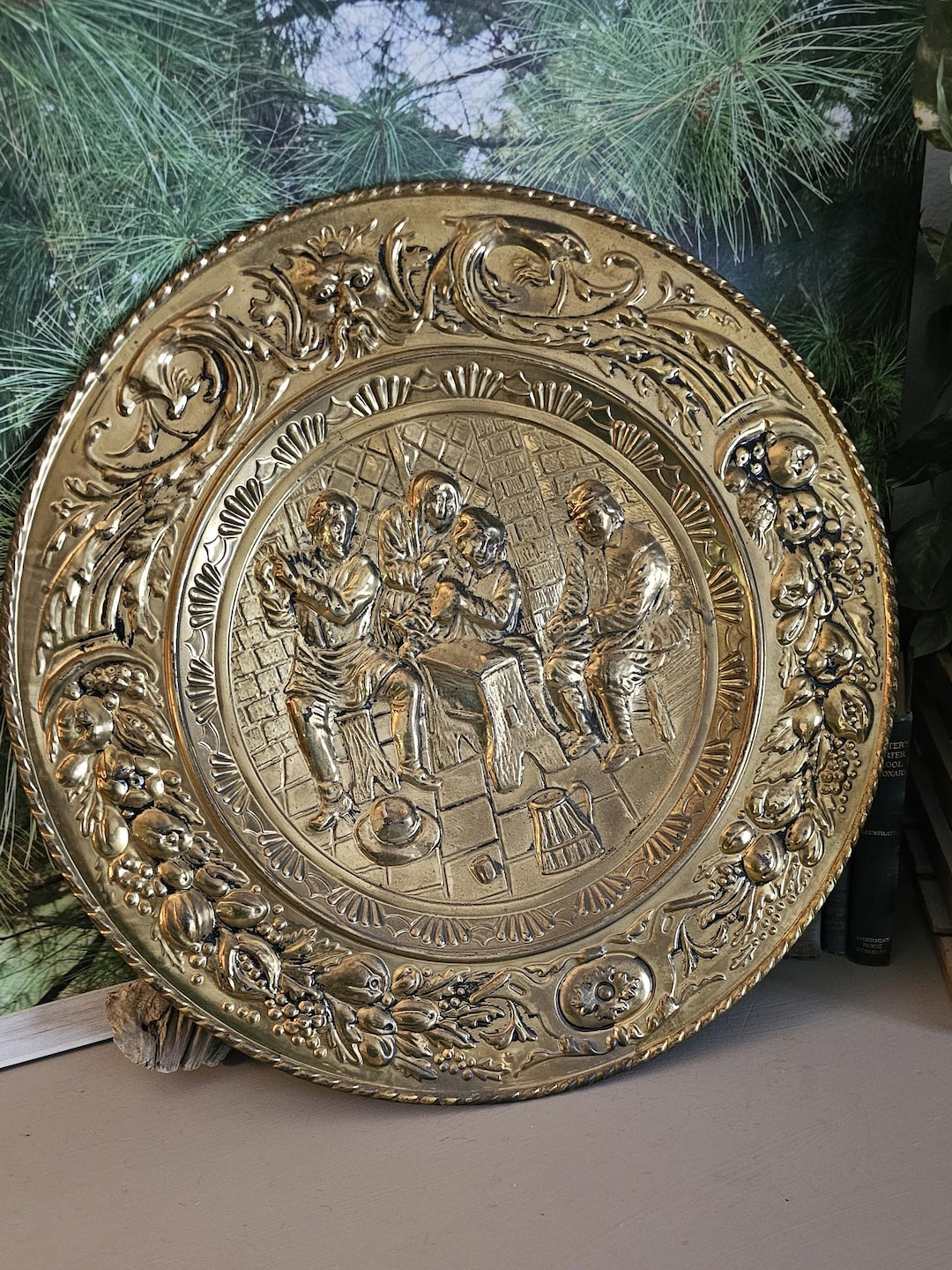 Large Round 20 1/4 Inch Brass Ornate Peerage Wall Plate Embossed 3 Men ...