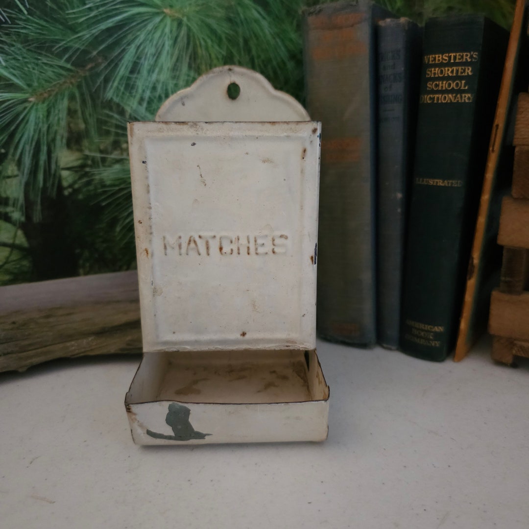 Distressed White matches Metal Matchbox Holder Rustic Country Hanging ...