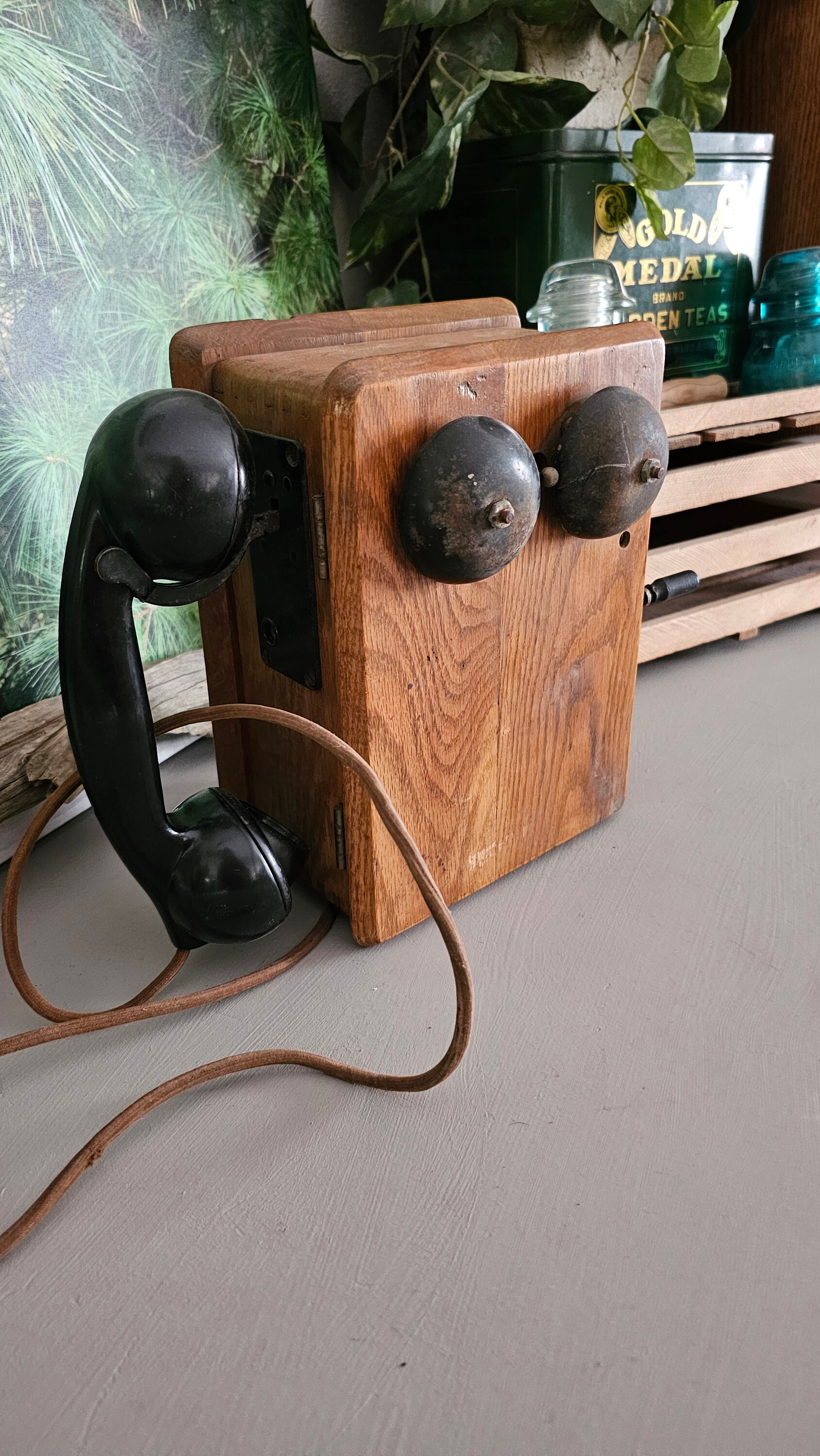 1900s Oak Hand Crank Wall Phone Dean Electric Company Dovetail Joints ...